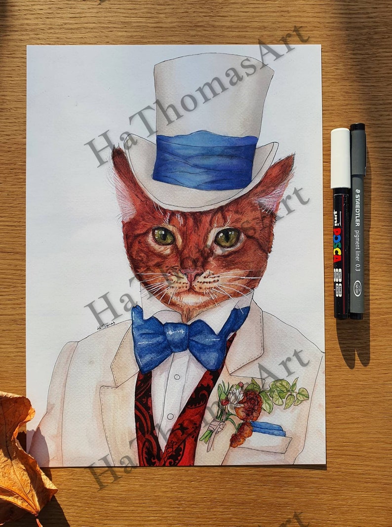 Dapper Cat Portrait, A5 Wall Art Print, Ginger Cat Painting, Furry ...