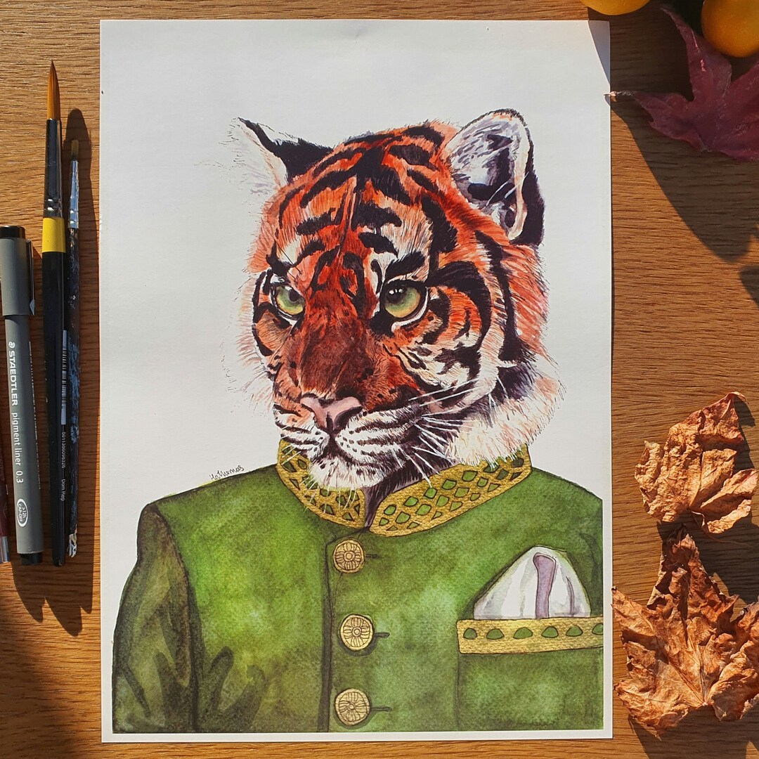 Dapper Tiger Portrait, A4 Wall Art Print, Furry Artwork, Watercolour ...