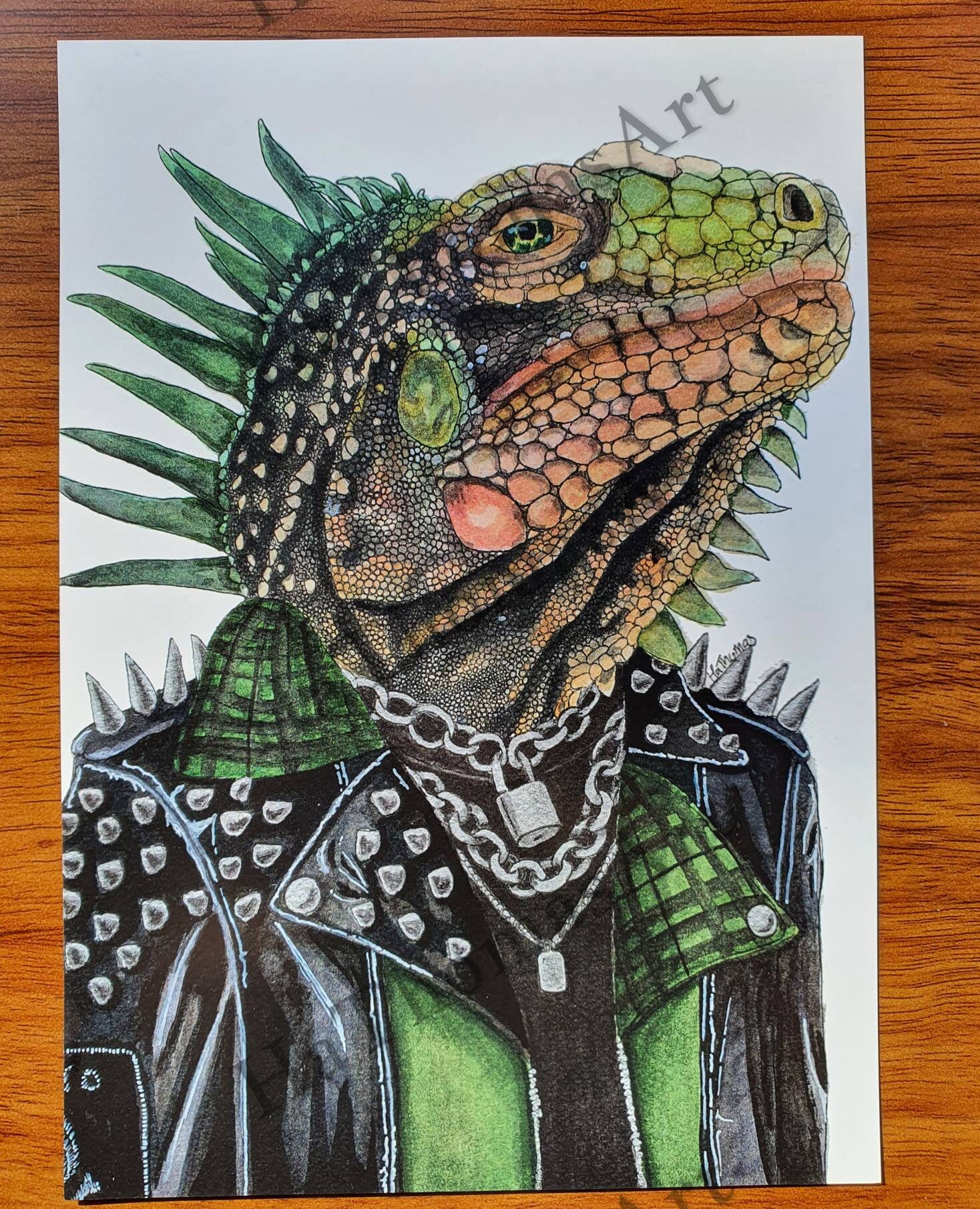 Dapper Punk Iguana, A4 Art Print, Lizard in Leather Jacket Art, Animals ...