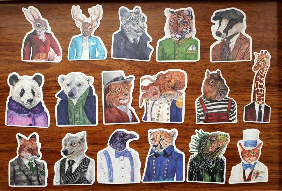 Animal Sticker Pack, 17 Dapper Animals Set, Animals in Clothes Stickers ...