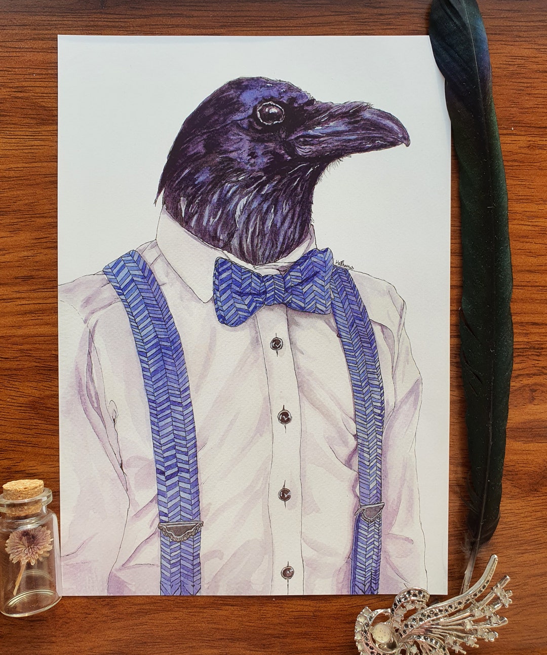 Dapper Raven Portrait, A4 Wall Art Print, Crow Artwork, Dapper Animals, Corvidcore, Jackdaw ...