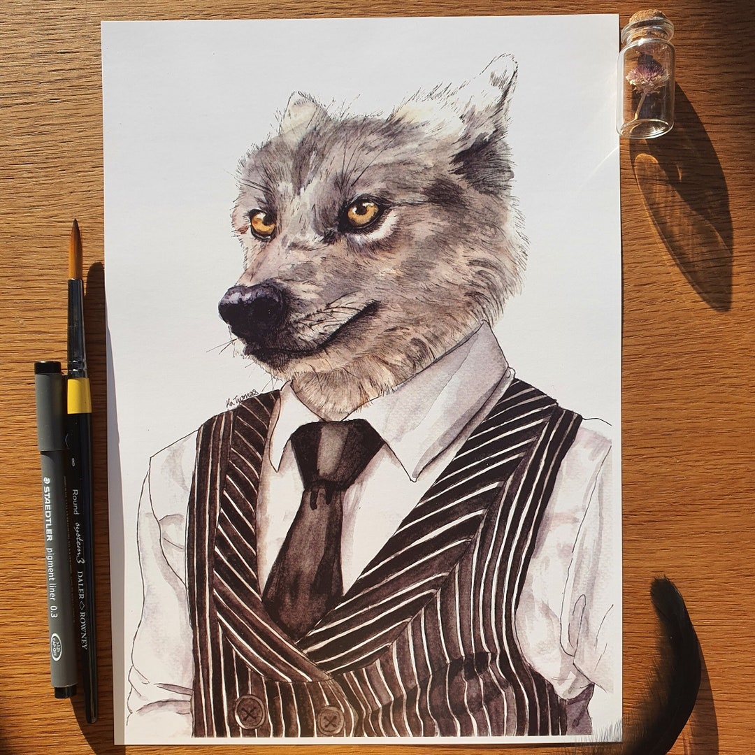 Dapper Wolf Portrait, A4 Wall Art Print, Dapper Animals in Clothes ...