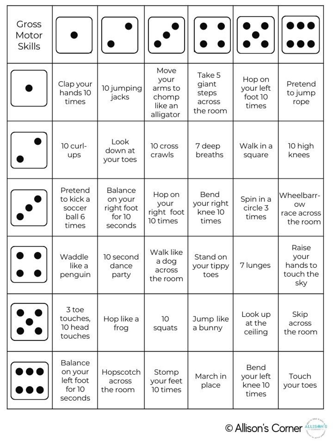 Gross Motor Dice Game: Digital Download - Etsy Canada