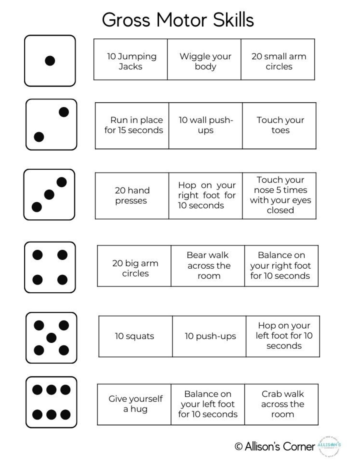 Gross Motor Dice Game: Digital Download - Etsy Canada