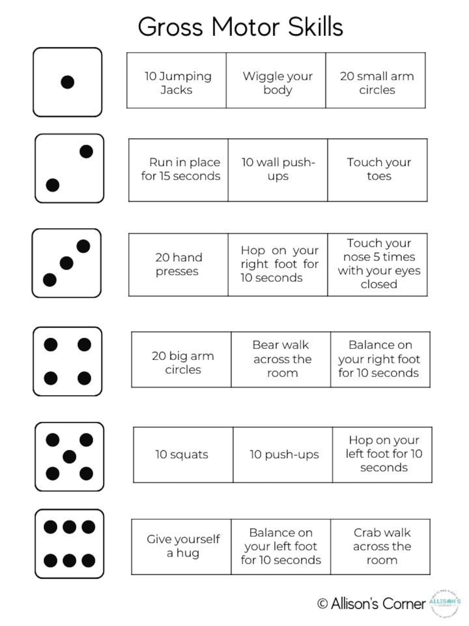 Gross Motor Dice Game: Digital Download - Etsy Canada
