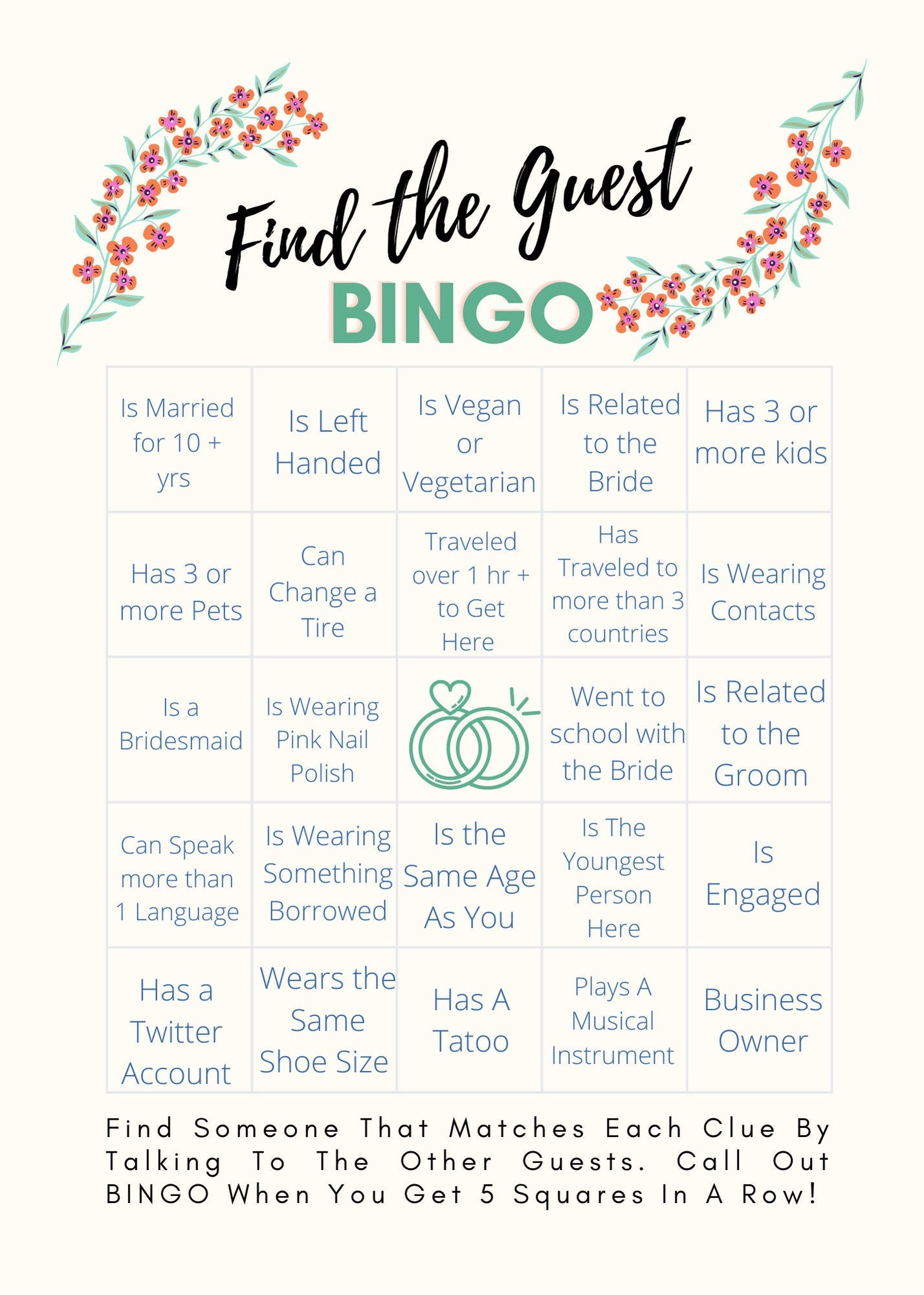 Find the Guest BINGO Bridal Shower GAME Virtual Game | Etsy