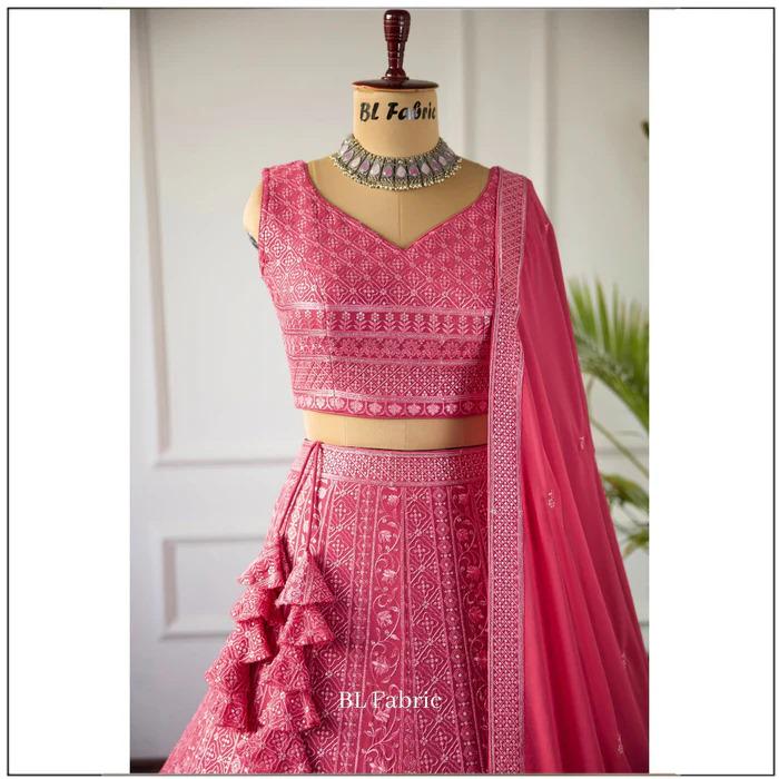 Rosy Peach Color Sequence & Thread Embroidery Work Designer Lehenga ...