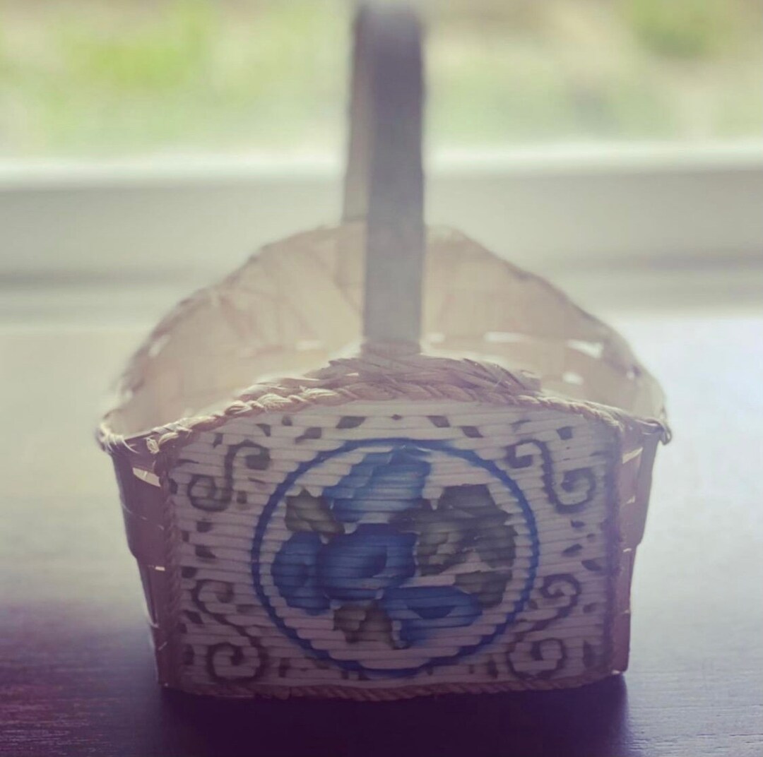 Whitewashed Small Vintage Basket With Handle, Hand Painted Blue & Green Floral Design on Front ...