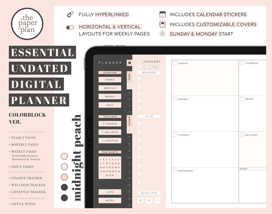 Essential Undated Digital Planner (midnight Peach - Colorblock Ver ...