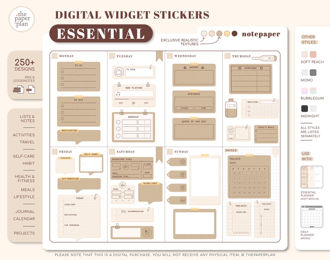 ESSENTIAL Widget Stickers notepaper for Digital Planning Goodnotes ...