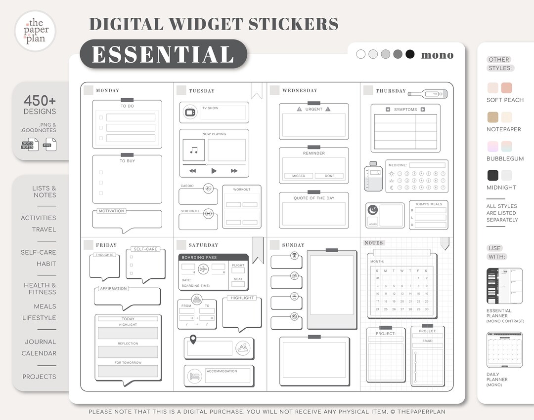 ESSENTIAL Widget Stickers mono for Digital Planning - Etsy
