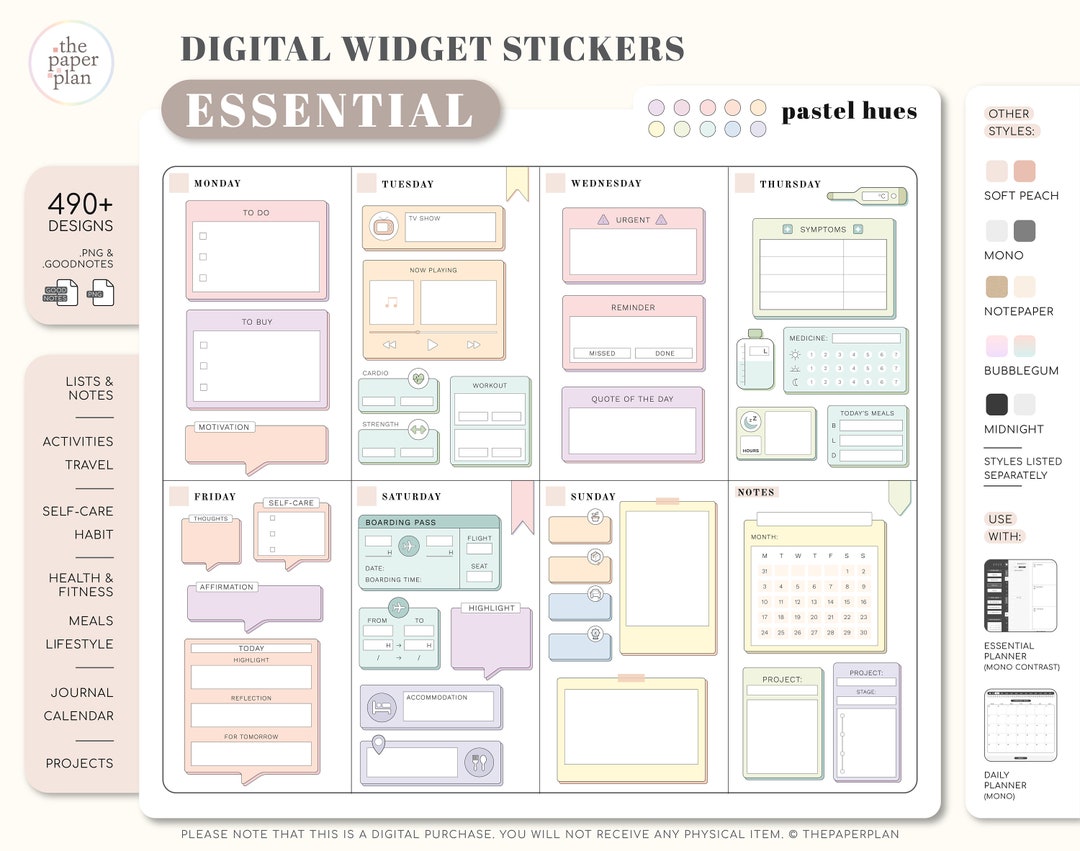 ESSENTIAL Widget Stickers pastel Hues for Digital Planning Goodnotes ...
