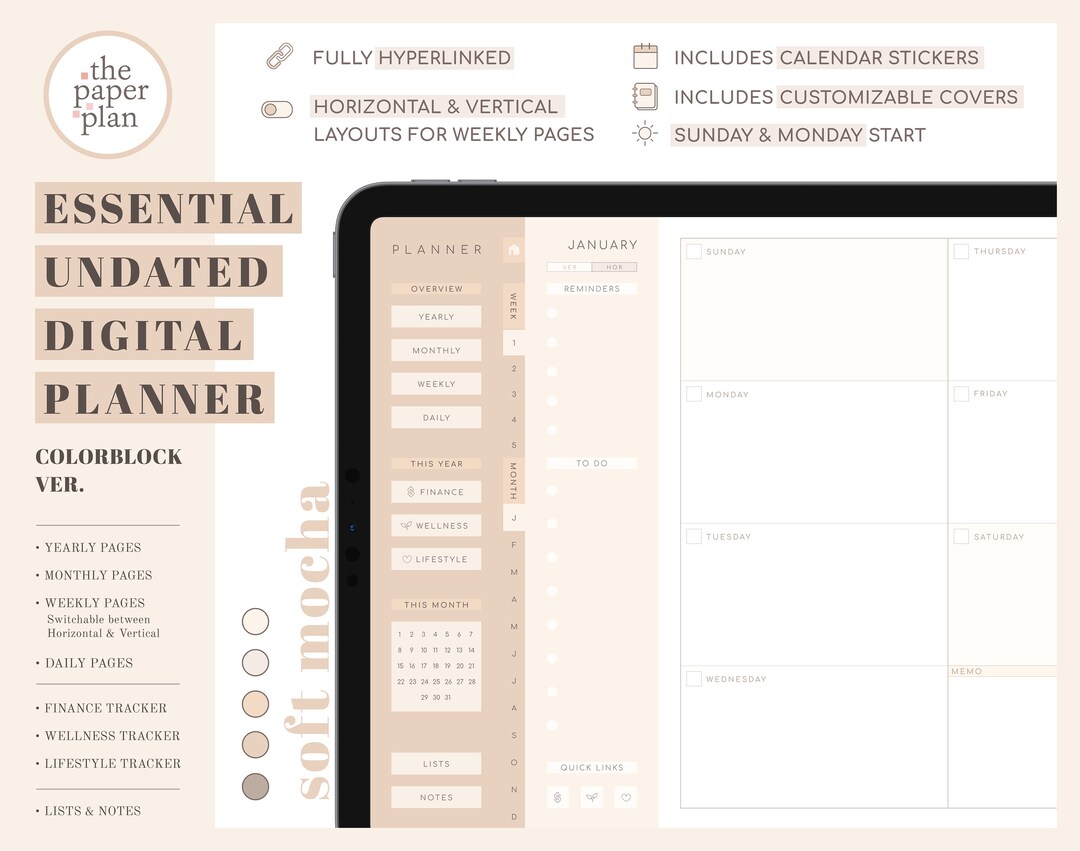 Essential Undated Digital Planner (soft Mocha - Colorblock Ver.) for ...