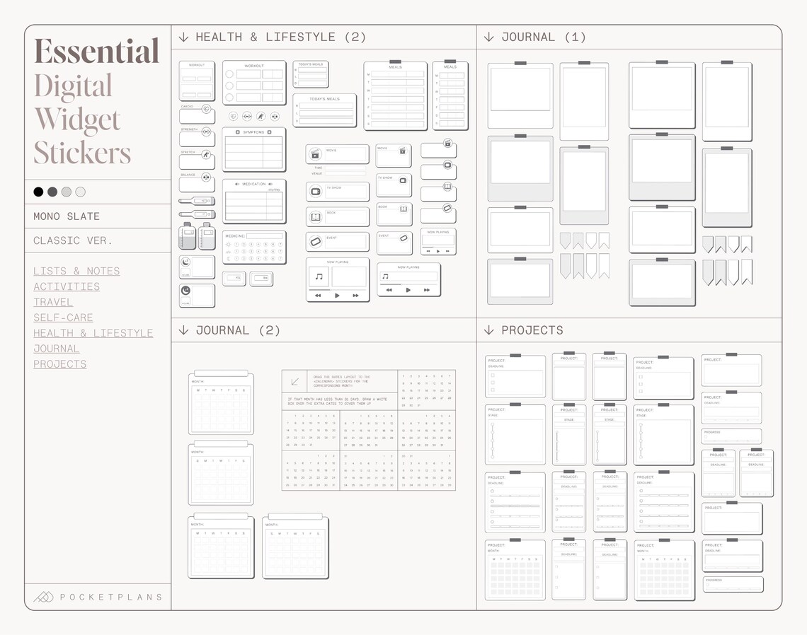 ESSENTIAL Widget Stickers (mono Slate) for Digital Planning | Goodnotes ...