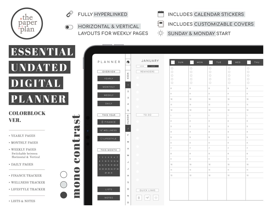 Essential Undated Digital Planner (mono Contrast - Colorblock Ver.) for ...