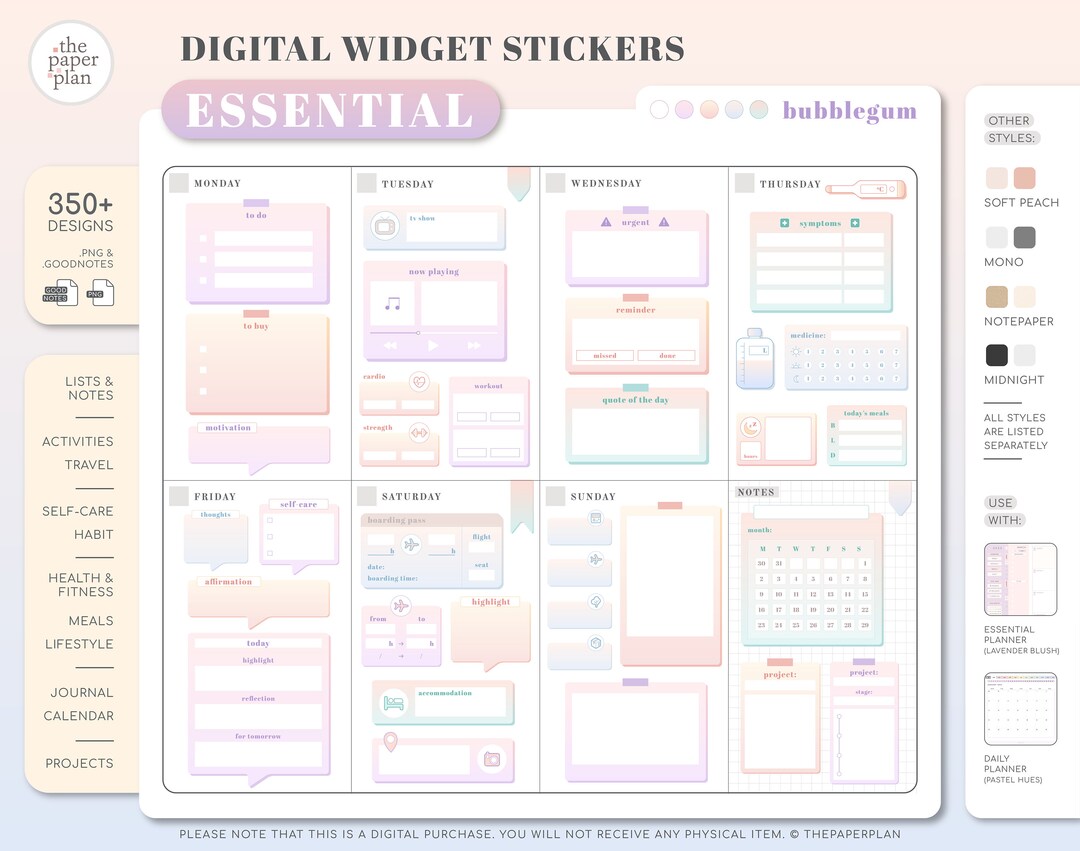 ESSENTIAL Widget Stickers bubblegum for Digital Planning Goodnotes ...