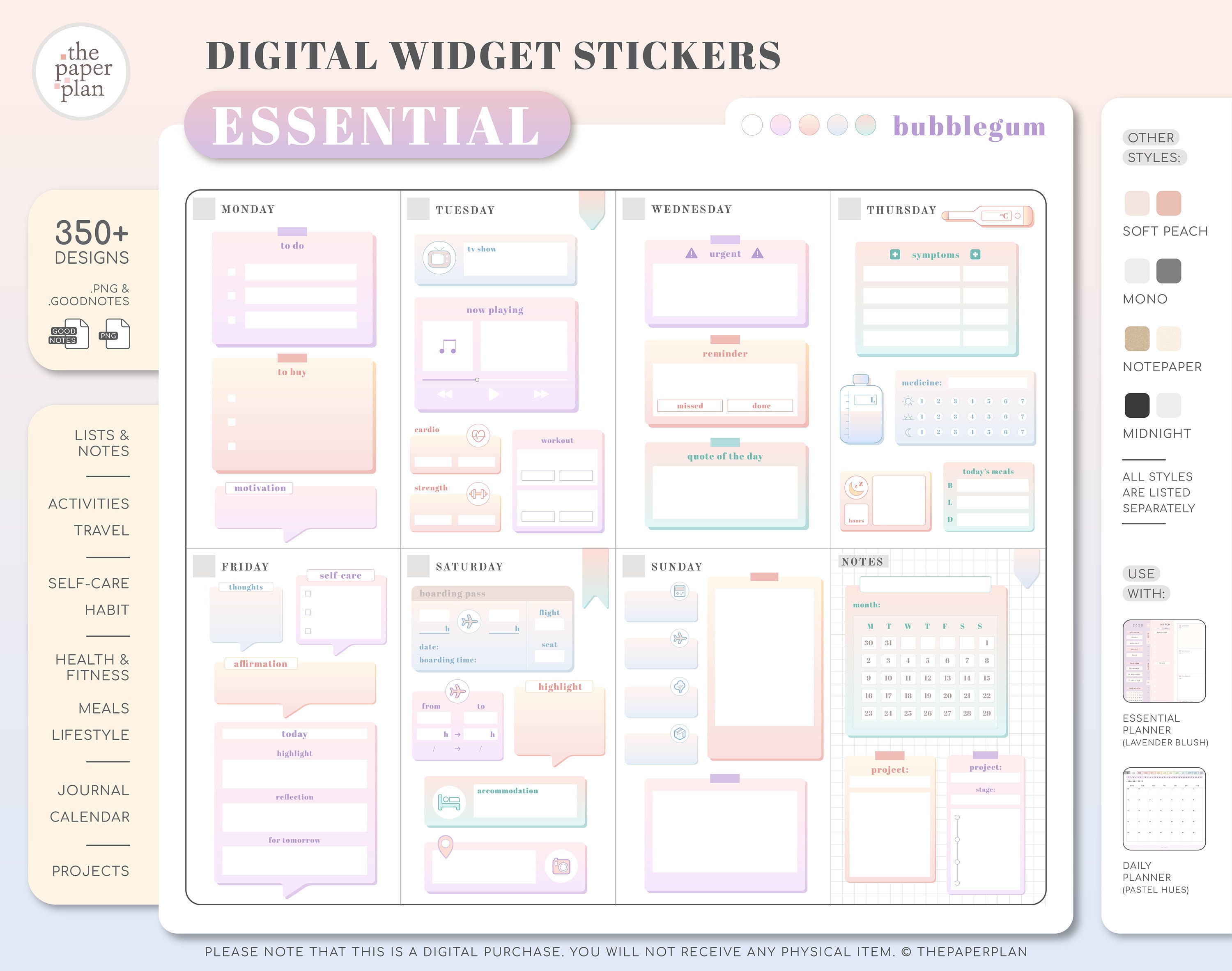 ESSENTIAL Widget Stickers bubblegum for Digital Planning Goodnotes ...