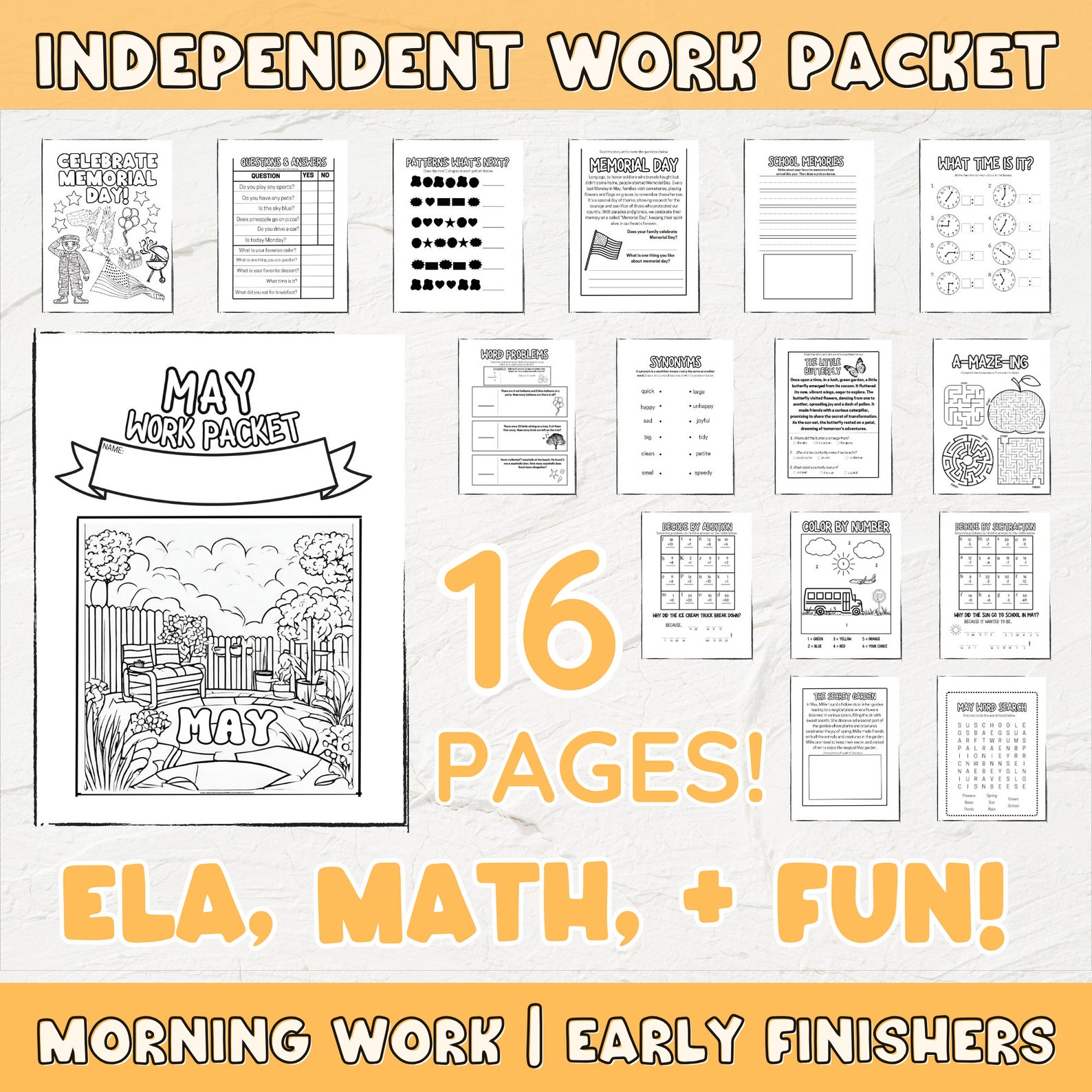2nd 3rd 4th Grade Worksheets | Early Finishers Work Packet for May ...