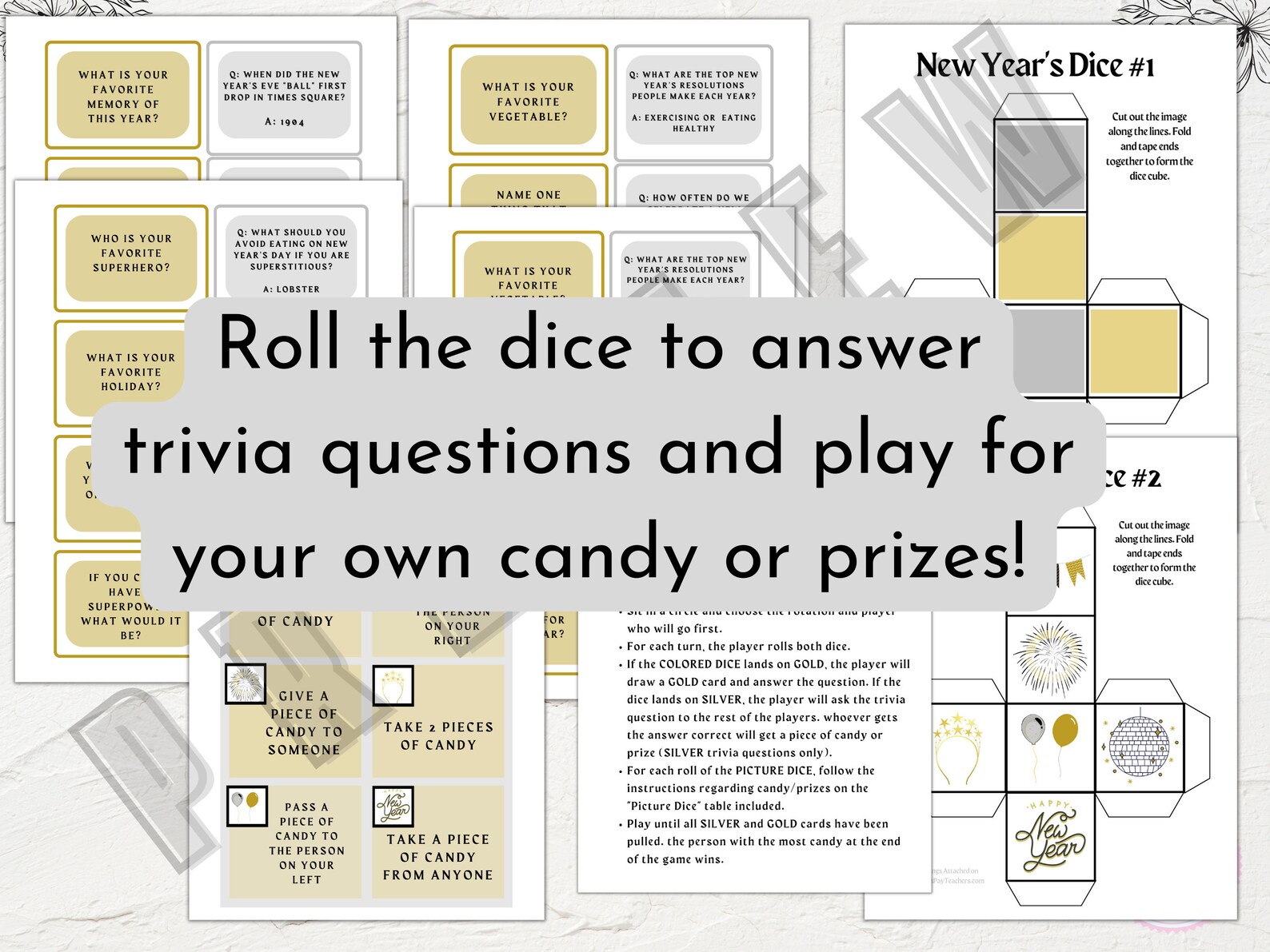 New Year's Game Printable Candy Dice Game Prize Game for Kids and ...