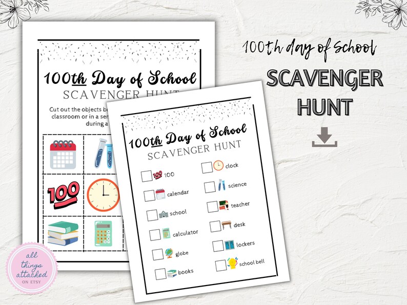 100th Day of School Scavenger Hunt | Printable Scavenger Hunt | 100th ...