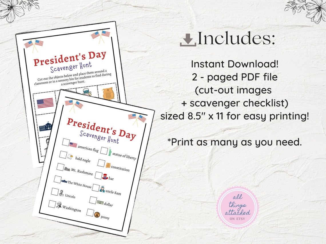 President's Day Scavenger Hunt Printable President's Day Activity for ...