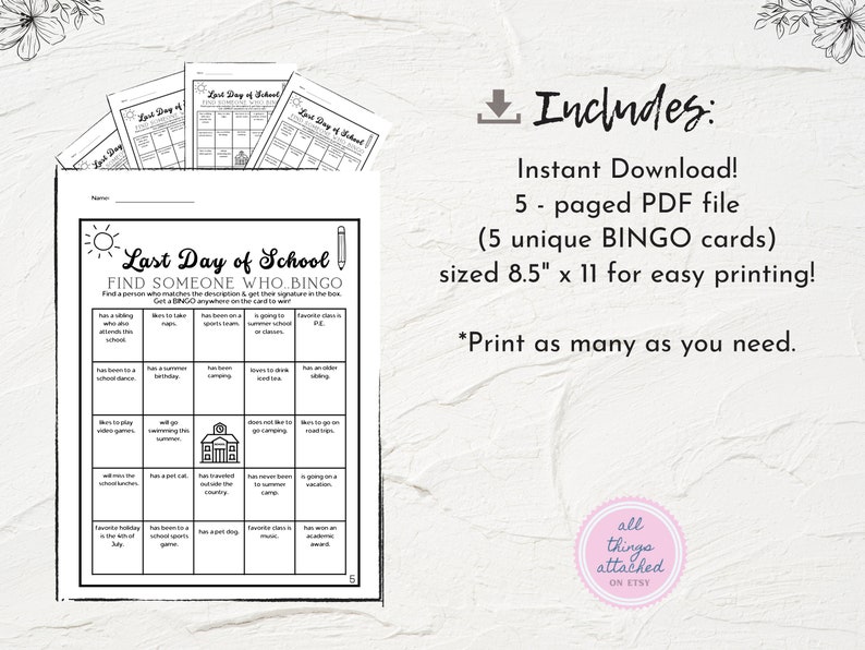 Last Day of School Games | End of the Year BINGO | Find Someone Who ...