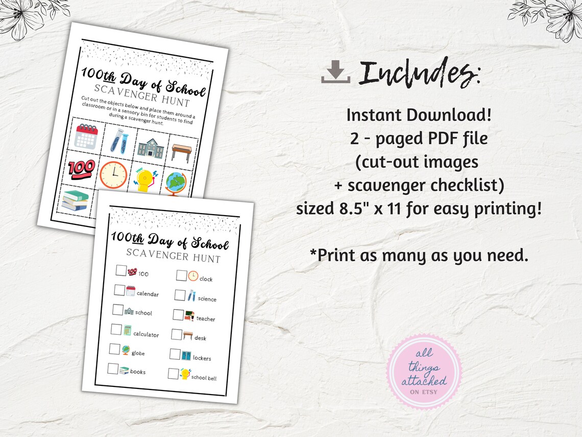100th Day of School Scavenger Hunt Printable Scavenger Hunt 100th Day ...