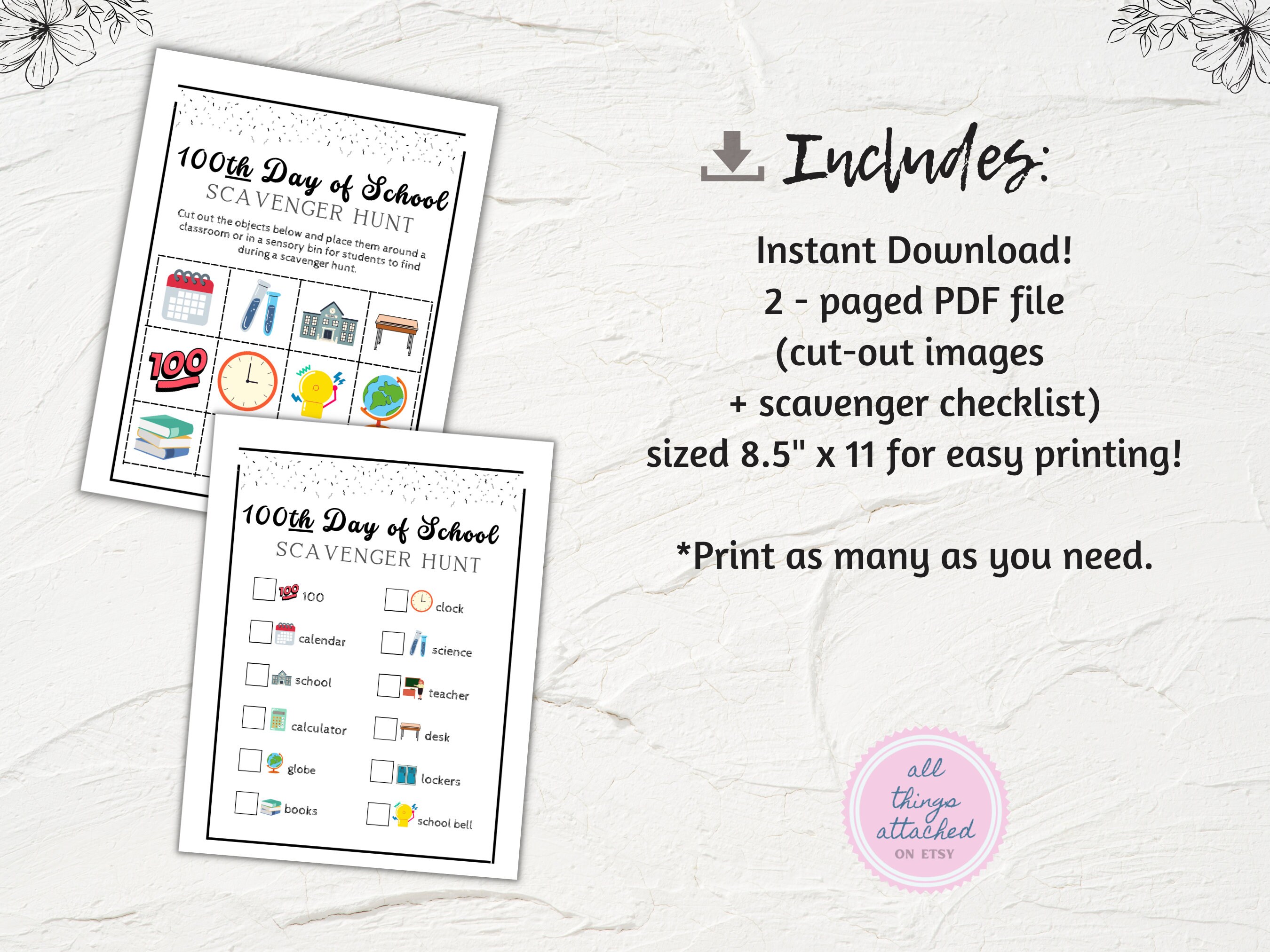 100th Day of School Scavenger Hunt | Printable Scavenger Hunt | 100th ...