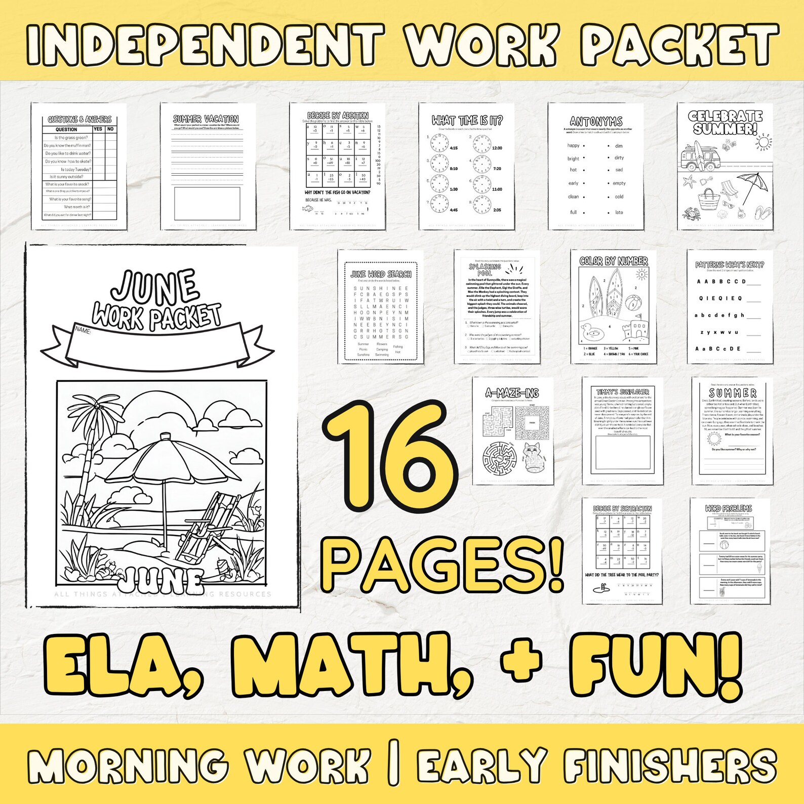 2nd 3rd 4th Grade Worksheets | Early Finishers Work Packet for June ...