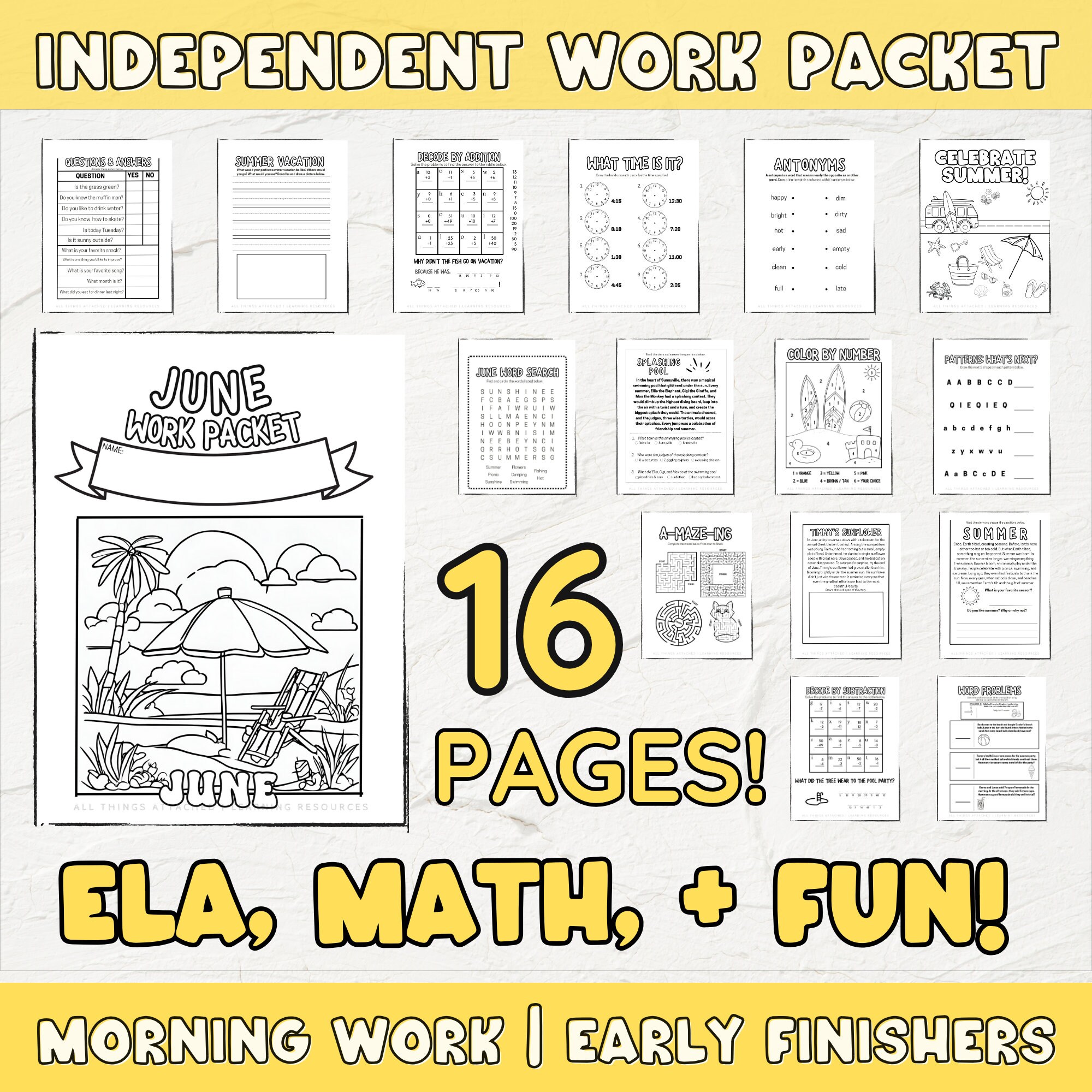 2nd 3rd 4th Grade Worksheets | Early Finishers Work Packet for June ...