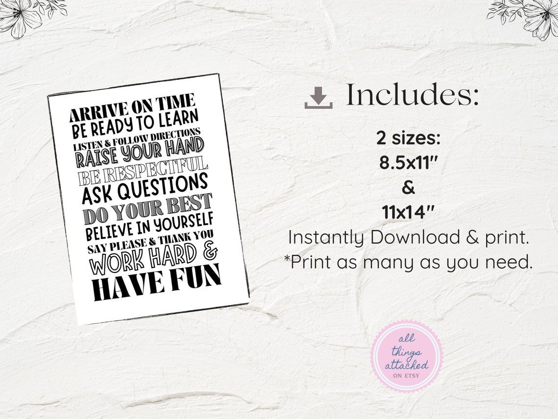 Classroom Rules Poster | Printable Classroom Wall Art Download | Class ...