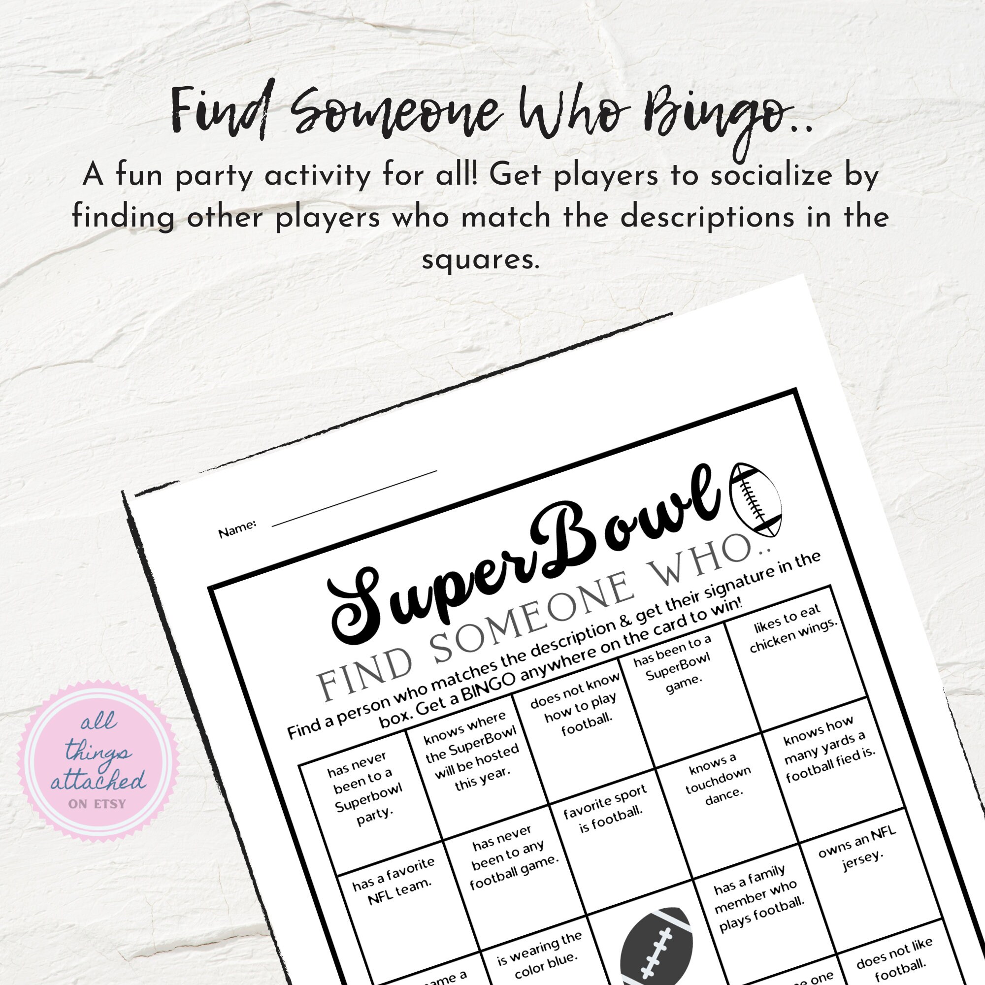 Superbowl Games | Printable Superbowl Party Bingo | Find the Guest Who ...