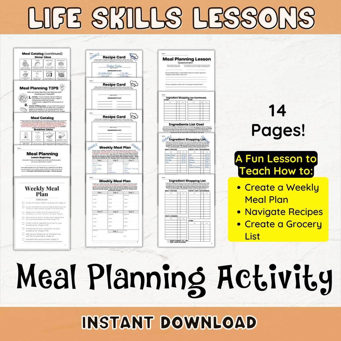 Printable Life Skills Lesson | Kids Meal Planning Activity | NO PREP ...