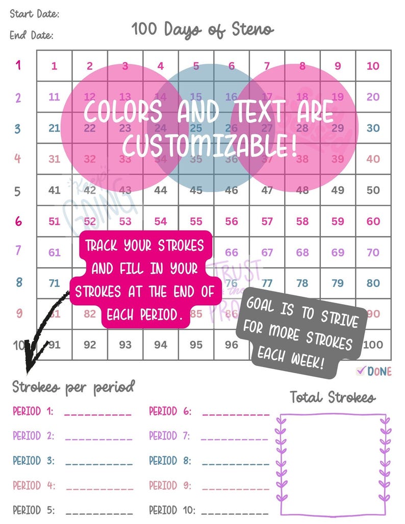 100 Days of Steno Tracker Pink/teal | Steno and Voice-writing Students ...