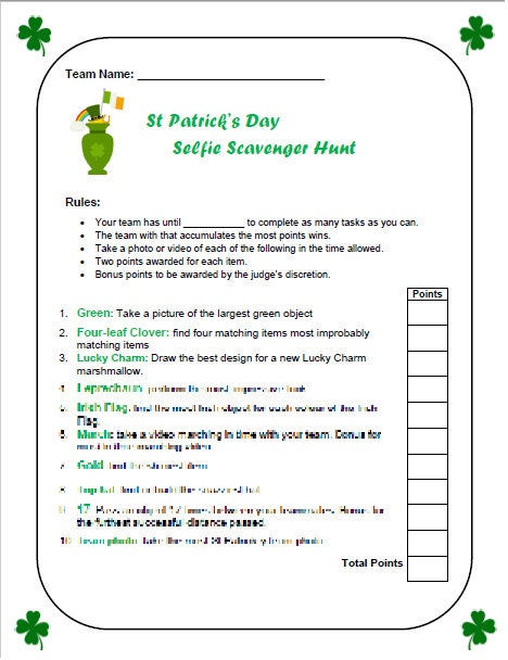 St Patrick's Day Selfie Scavenger Hunt for Adults, Teens, Families ...