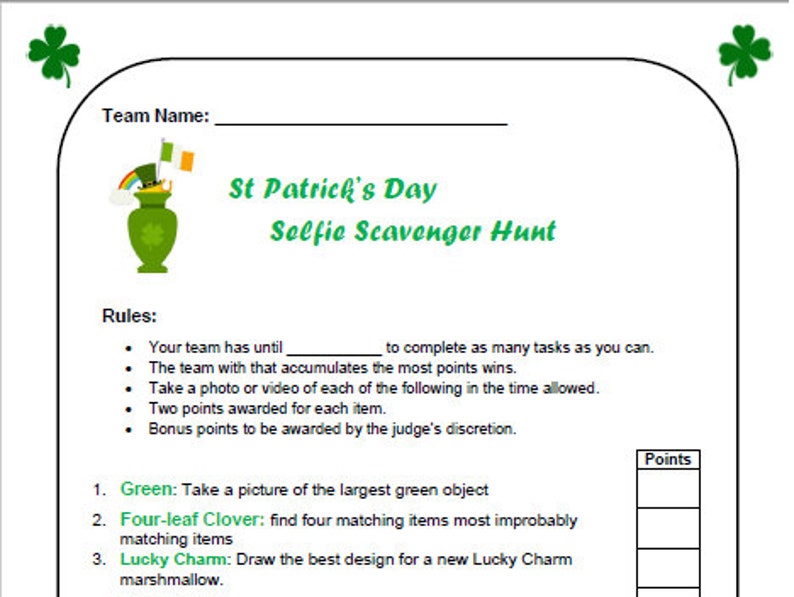 St Patrick's Day Selfie Scavenger Hunt for Adults, Teens, Families ...