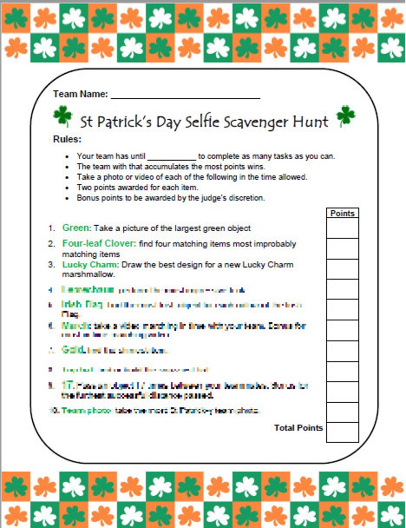 St Patrick's Day Selfie Scavenger Hunt for Adults, Teens, Families ...