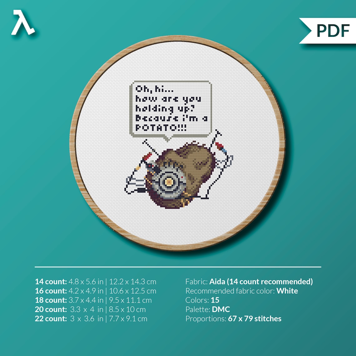 Portal 2 - Potatos - Glados - Quote - Cross Stitch Pattern (instant ...