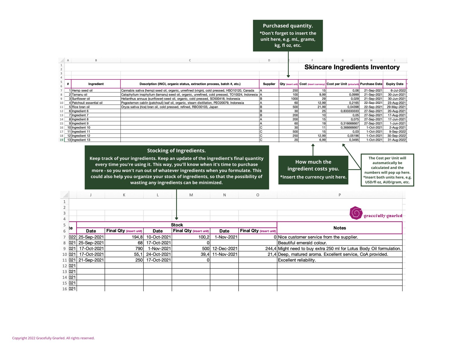 Skincare Ingredients Inventory excel Printable PDF - Etsy