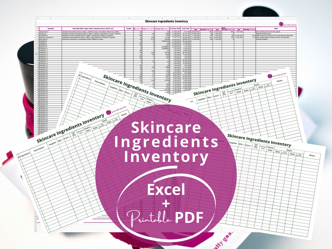 Skincare Ingredients Inventory (excel + Printable PDF) - Etsy