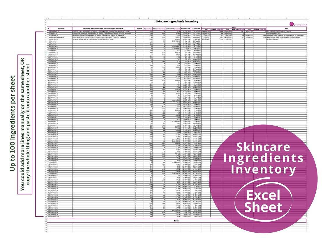 Skincare Ingredients Inventory (excel + Printable PDF) - Etsy