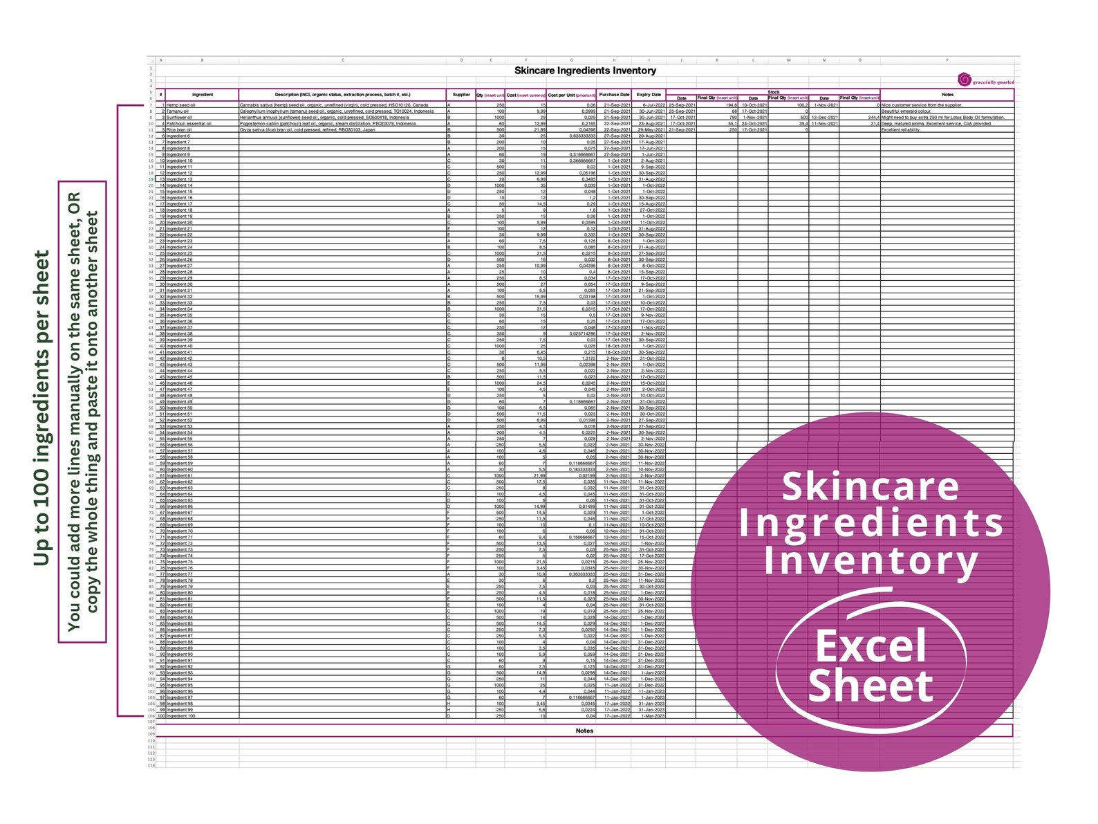 Skincare Ingredients Inventory (excel + Printable PDF) - Etsy