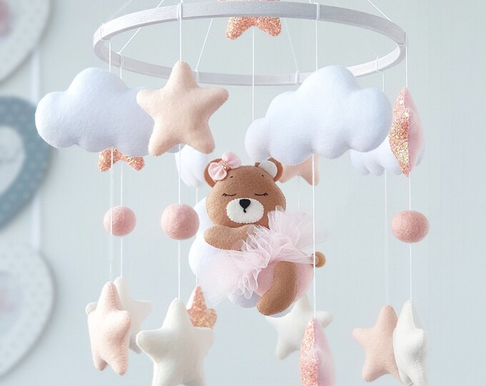 Mobile for Girl With Teddy Bear, Gliter Stars, Clouds, Nursery Decor ...