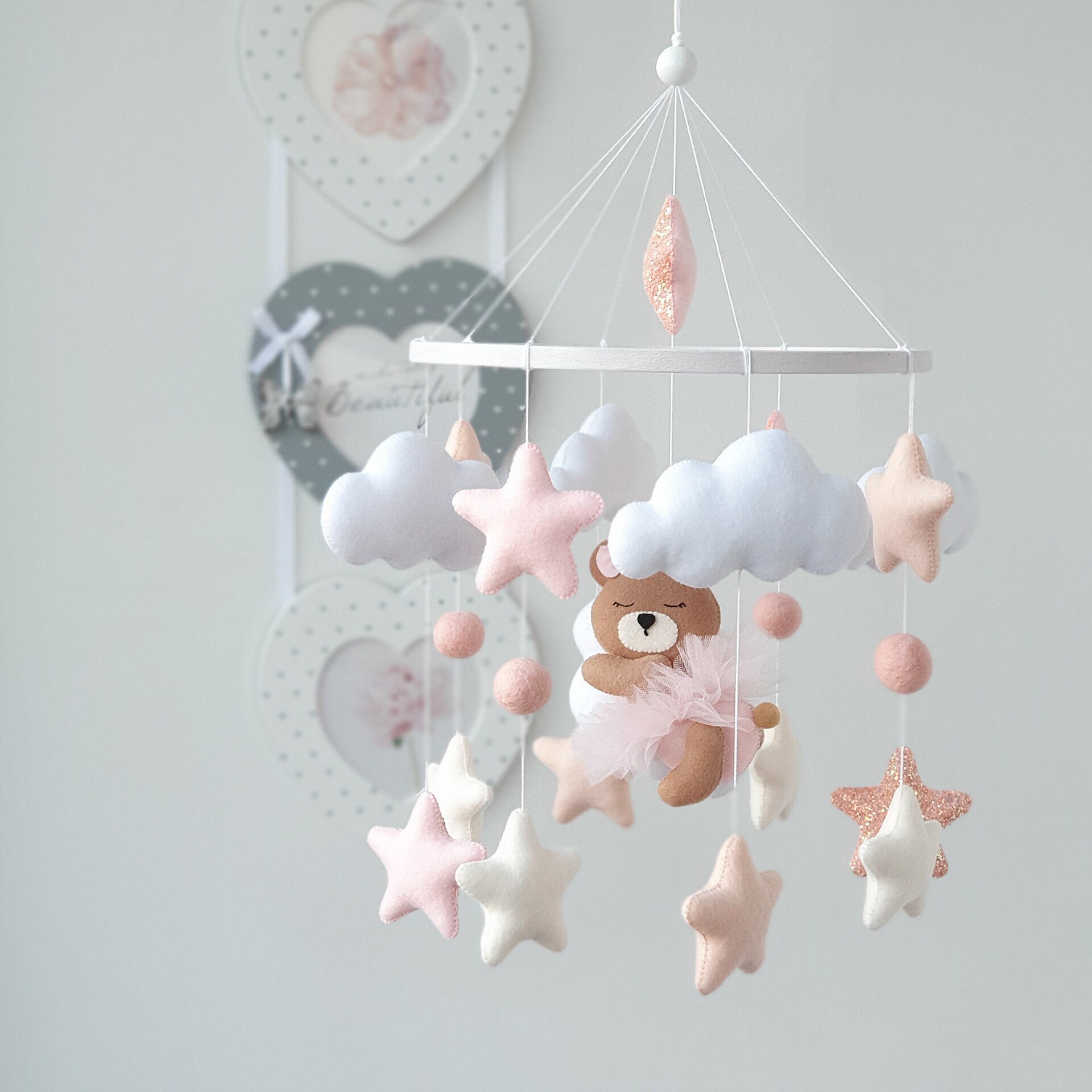 Mobile for Girl With Teddy Bear, Gliter Stars, Clouds, Nursery Decor ...