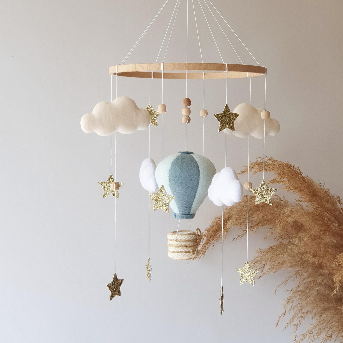 Natural Mobile Hot Air Balloon, Stars,clouds, Nursery Decor Balloons, Neutral Beige and Blue ...