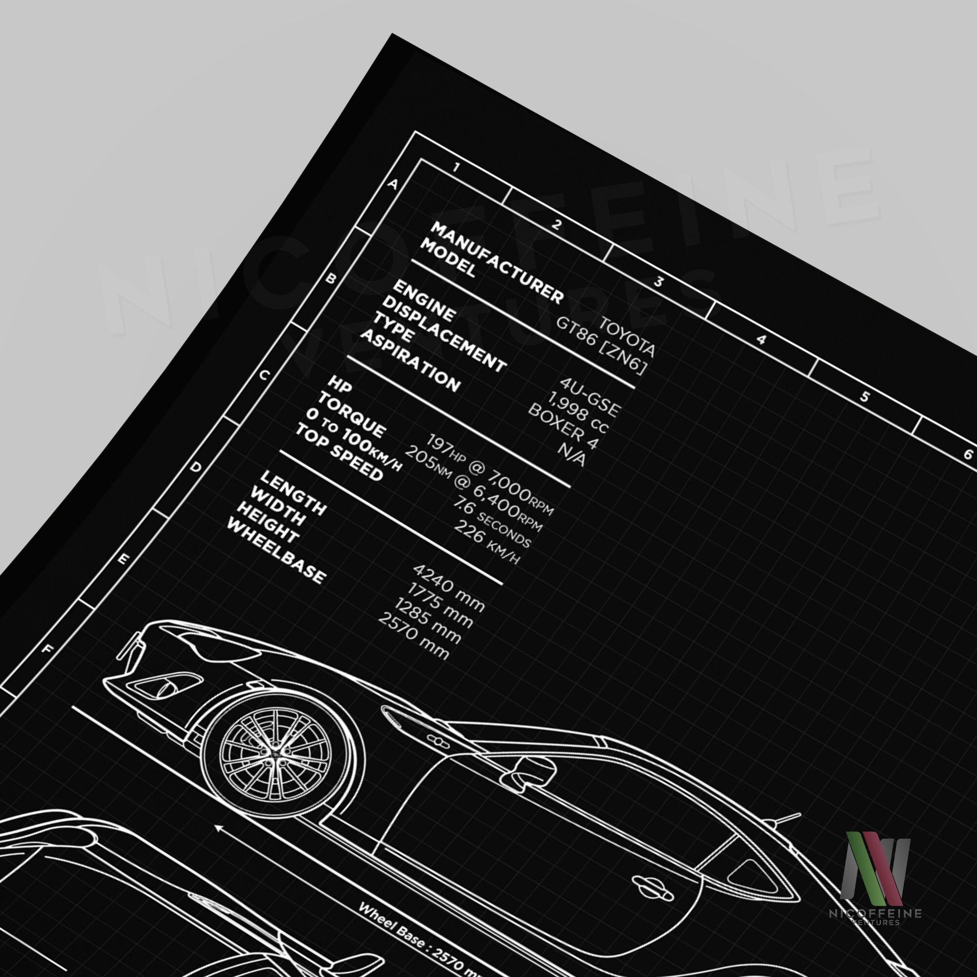 Toyota GT86 ZN6 Minimalist Sport Car Blueprint Style for Large Poster ...