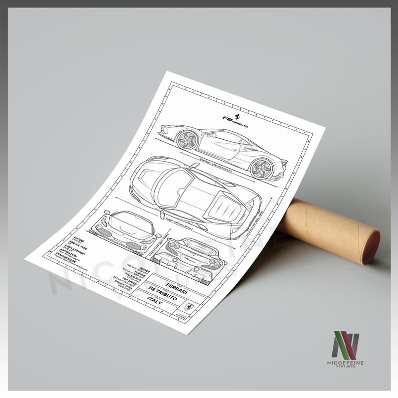 Ferrari F8 Tributo White Background Minimalist Super Car Blueprint ...