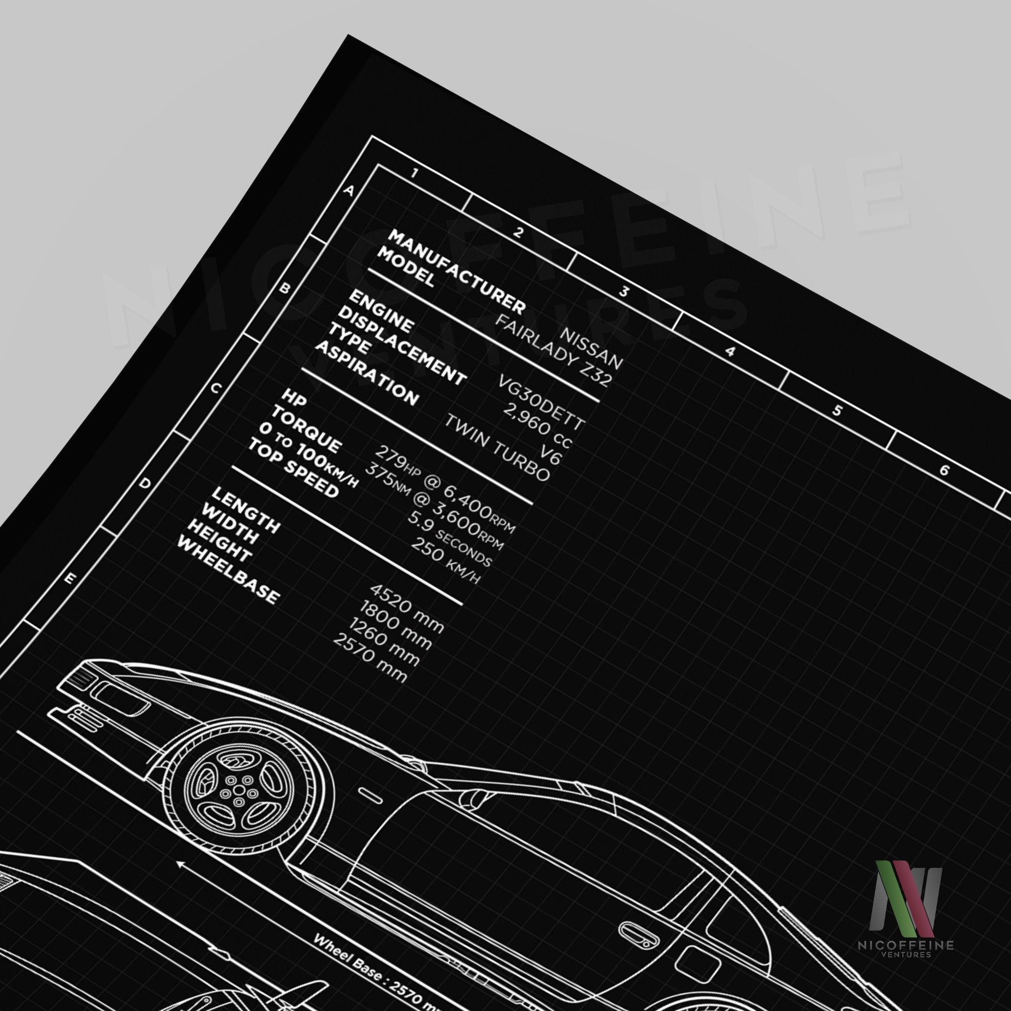 Nissan Fairlady Z 300ZX Z32 Minimalist Blueprint Style for Large Poster ...