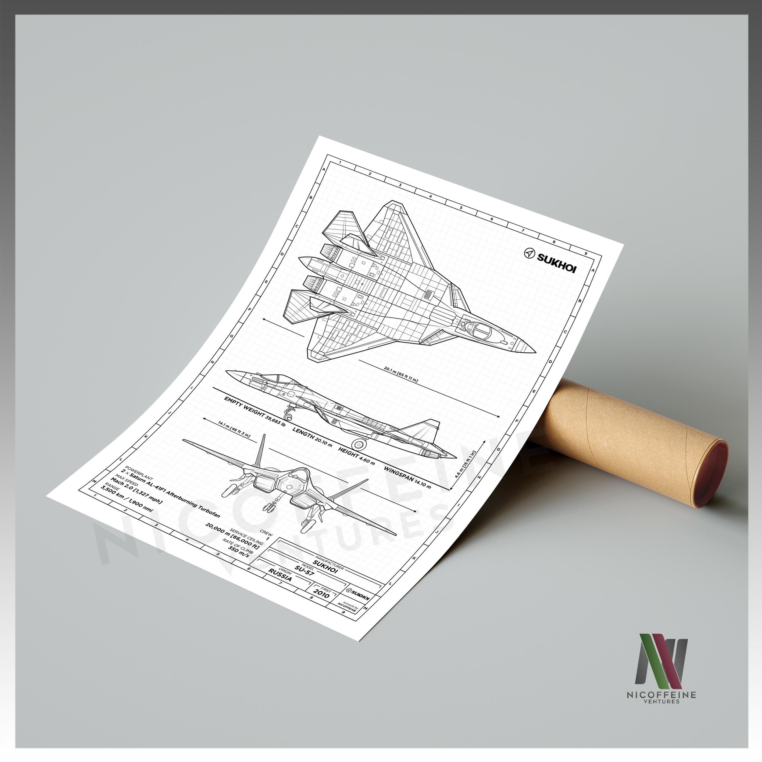 Sukhoi SU-57 Felon PAK FA T50 Aircraft / Flight / Jet Blueprint Style ...