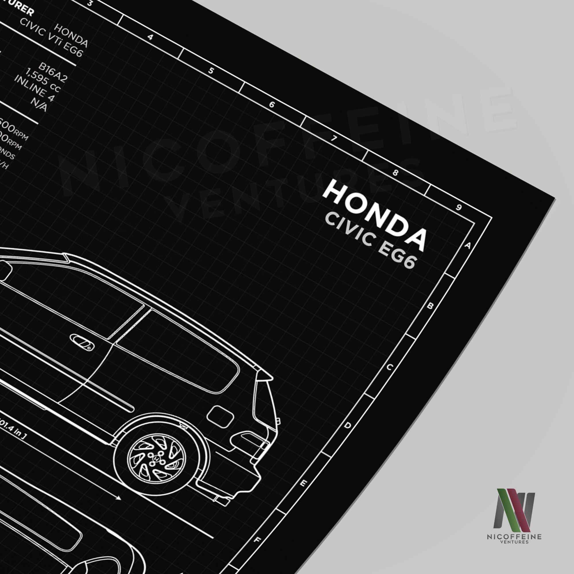Honda Civic Vti EG6 B16A JDM Minimalist Sport Car Blueprint Style for ...